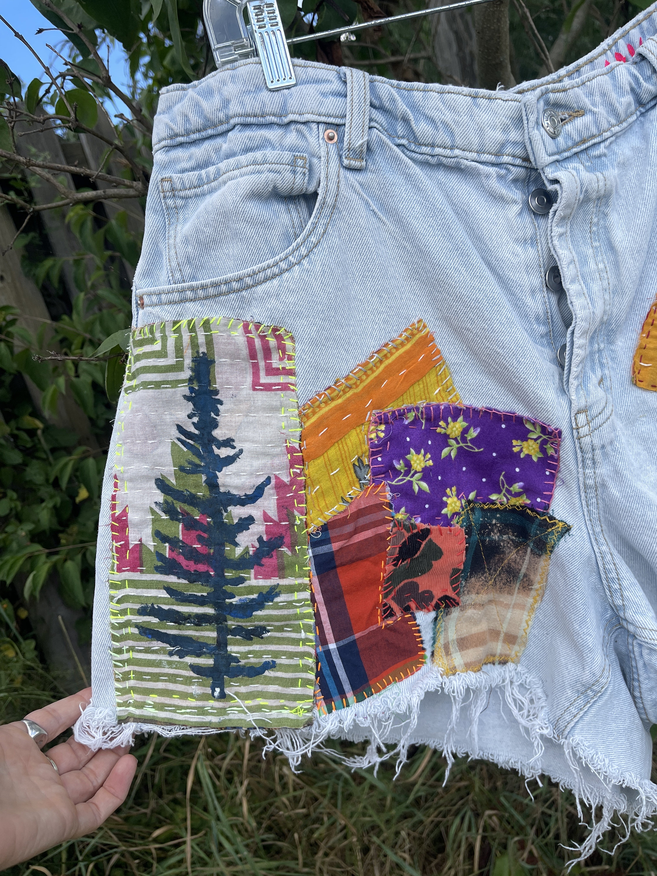Upcycled Denim Shorts With Hand Sewn Patches Size 18 One of a Kind - Etsy