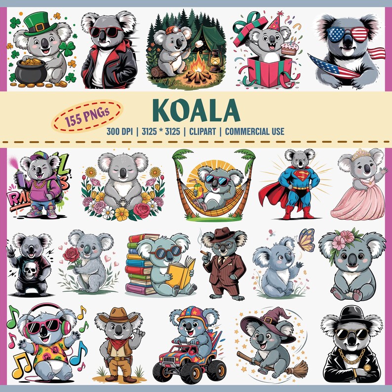 Koala Clipart Bundle, Cute Koala Pngs, Cartoon Koala Illustrations ...