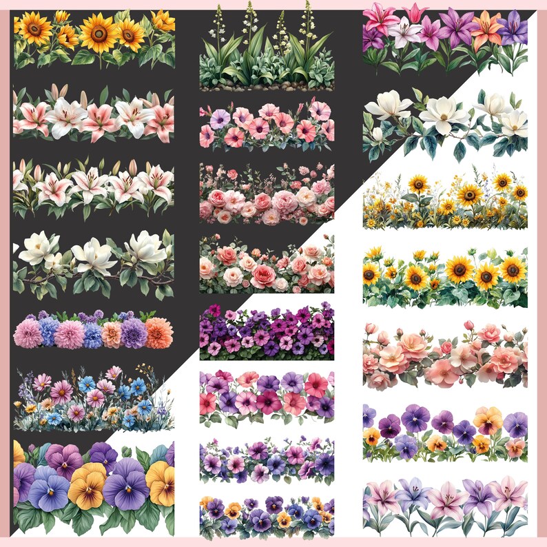 Watercolor Flower Borders, 105 PNG Floral Border Clipart, Seamless PNG ...
