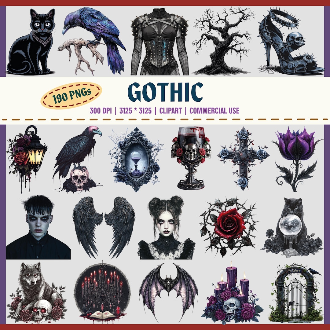 Gothic PNG Clipart Bundle, Watercolor Goth Clip Art, Halloween and ...