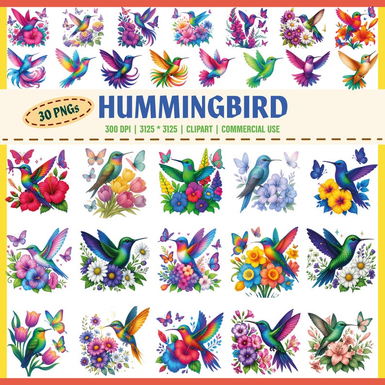 Hummingbird Clipart Bundle, 30 PNG Watercolor Neon Hummingbird ...