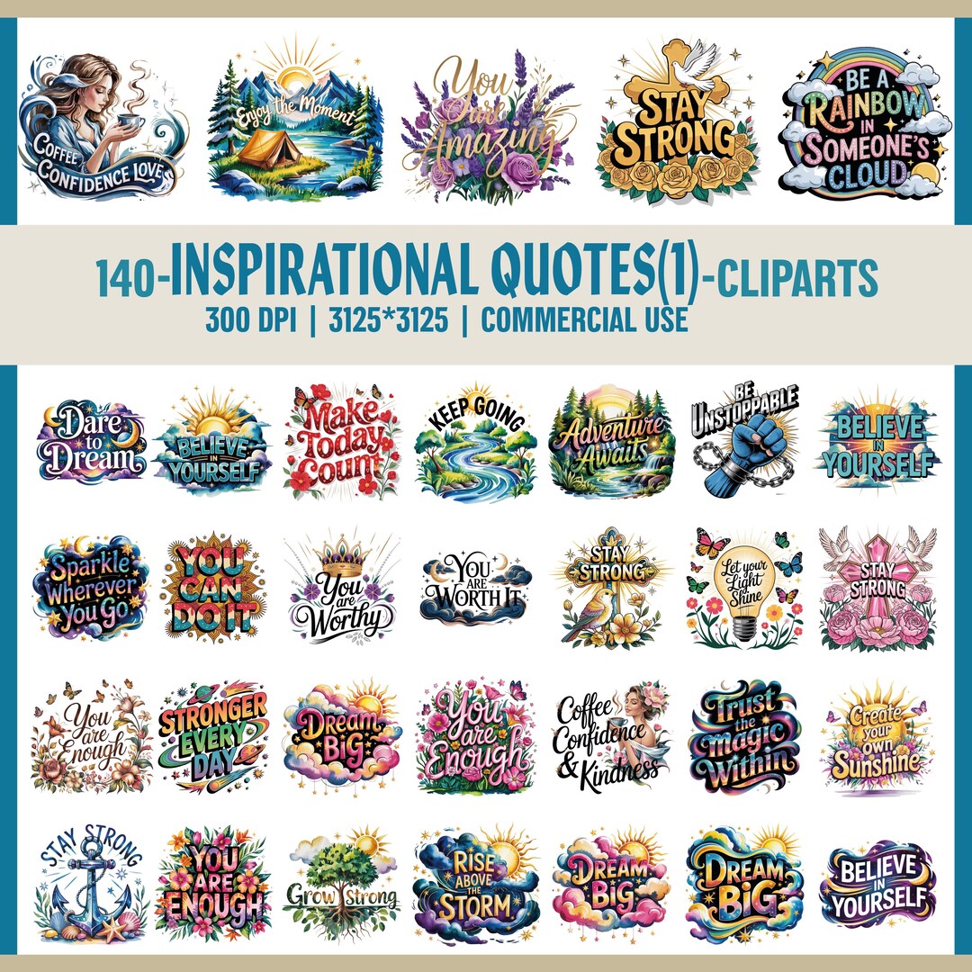 Watercolor Inspirational Quote Clipart Bundle: 140 PNG Designs (digital ...