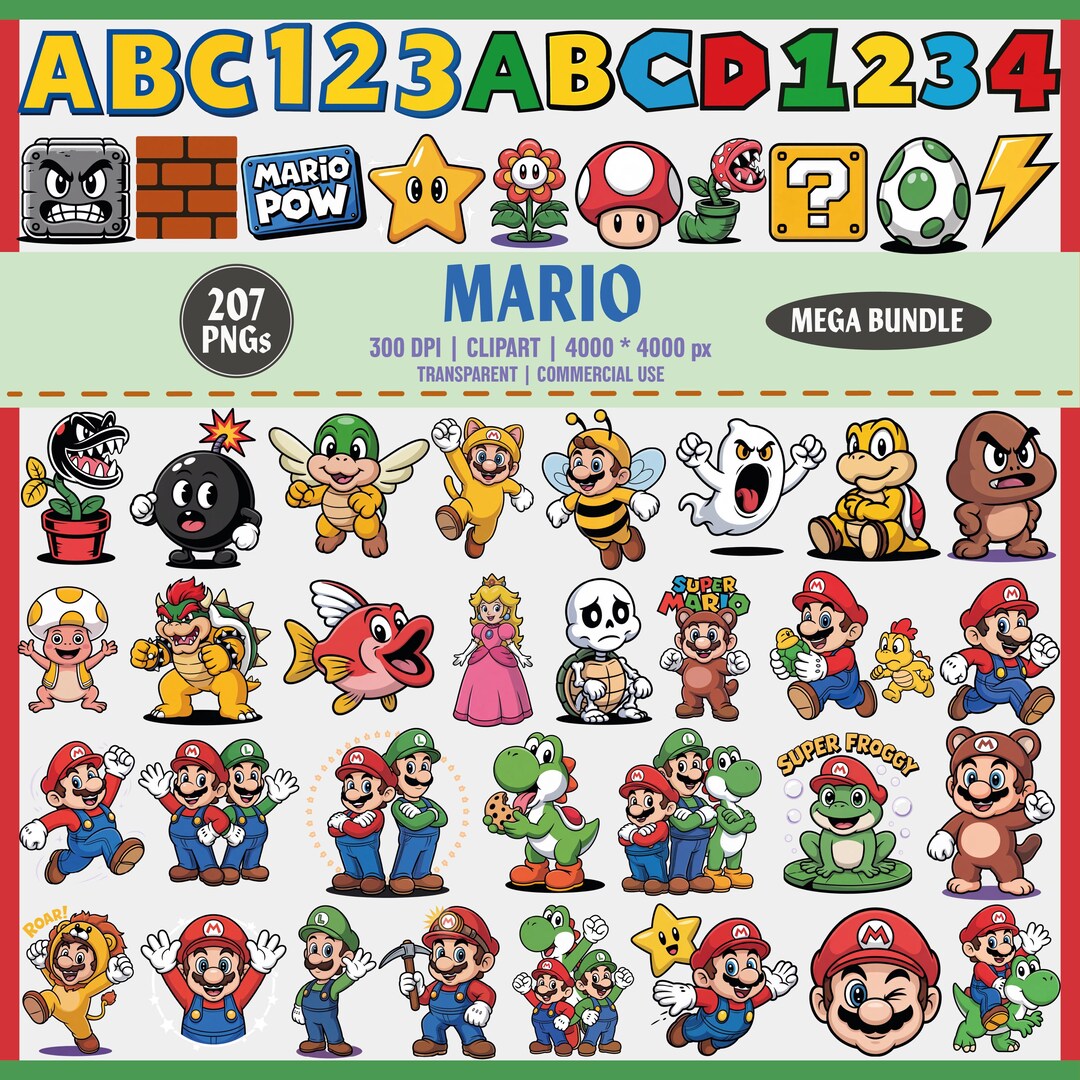 Mario Clipart PNG Bundle: Alphabet, Numbers, Game Art (digital Download ...