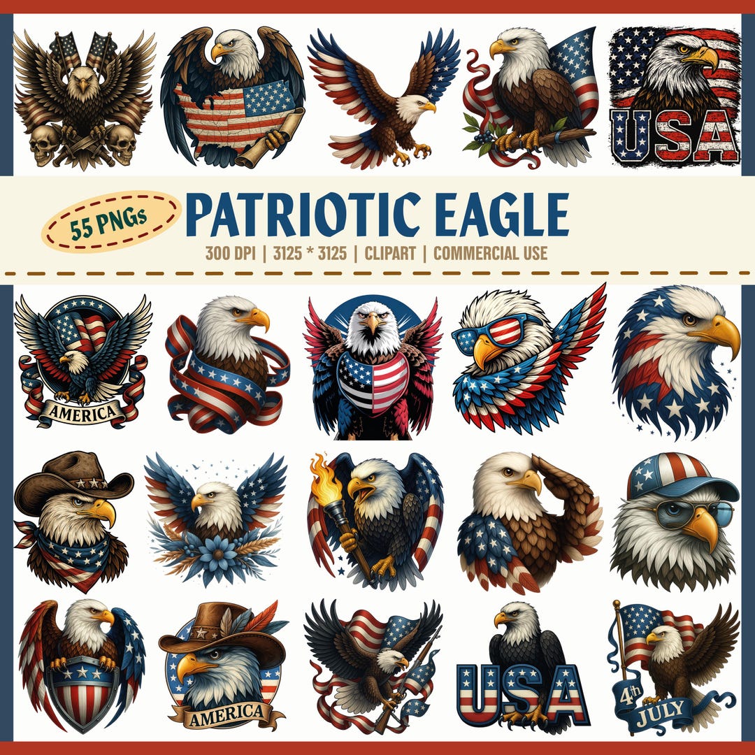 Patriotic Eagle Clipart Bundle, 4th of July Bald Eagle PNG, American ...
