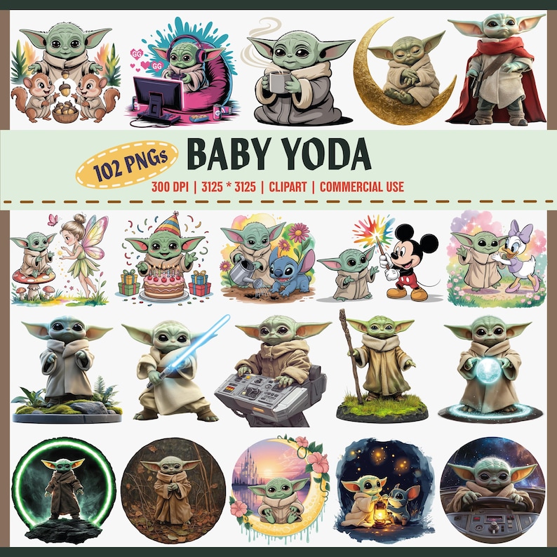 Cute Baby Yoda Clipart Bundle, 102 PNG Files, Kawaii Cartoon Grogu ...