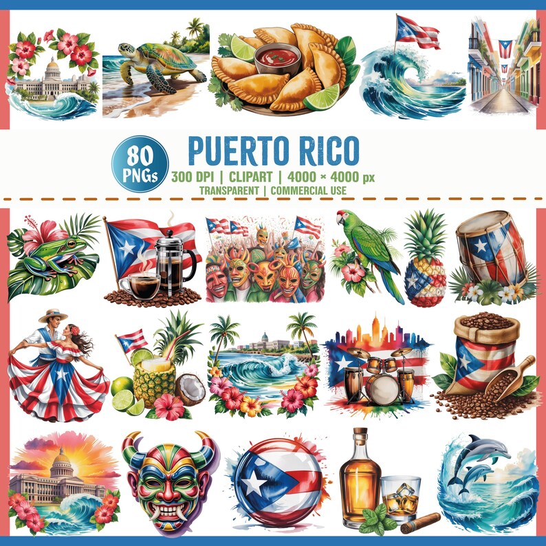 Puerto Rico Clipart Bundle 80 Pngs Tropical Island Art Cultural Icons ...
