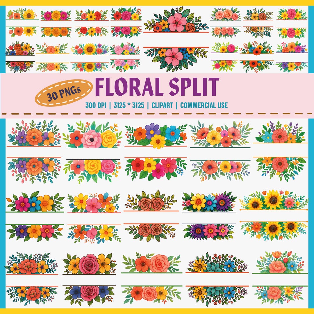 Watercolor Floral Split Clipart: Spring Flower Dividers (PNG Digital ...