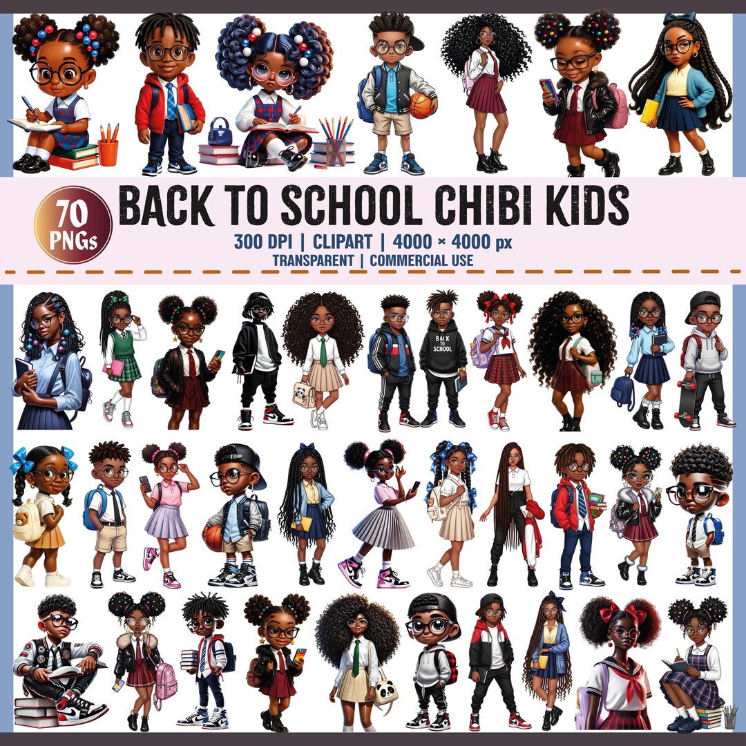 Back to School Chibi Clipart Bundle: Black Students, School Supplies ...