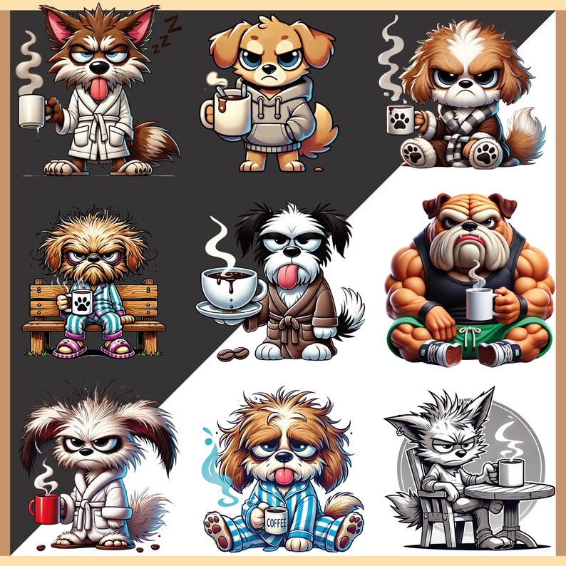 Grumpy Coffee Dog PNG Clipart Set, Cute Cartoon Pet Puppy PNG Bundle ...