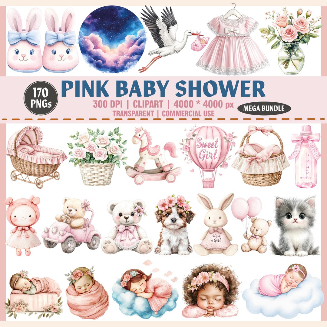 Pink Baby Shower Clipart Bundle: Watercolor Animals, Nursery Decor (170 ...