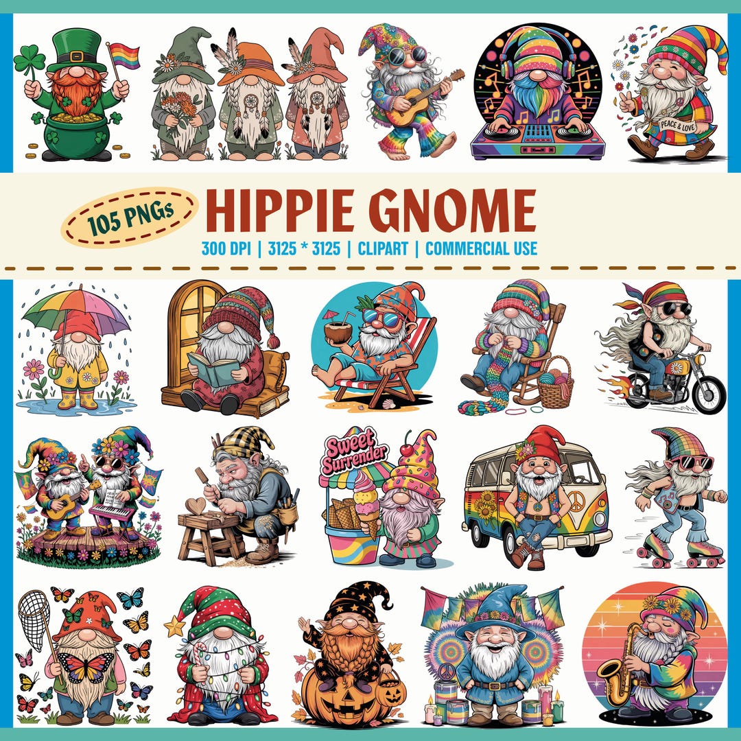 Hippie Gnome Clipart Set, Retro Gnome PNG, Tie Dye Gnome Art, Peace ...