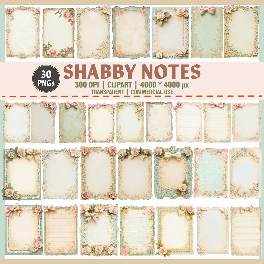 Shabby Notes Clipart Bundle – 30 Vintage Pngs, Floral Victorian Frames ...