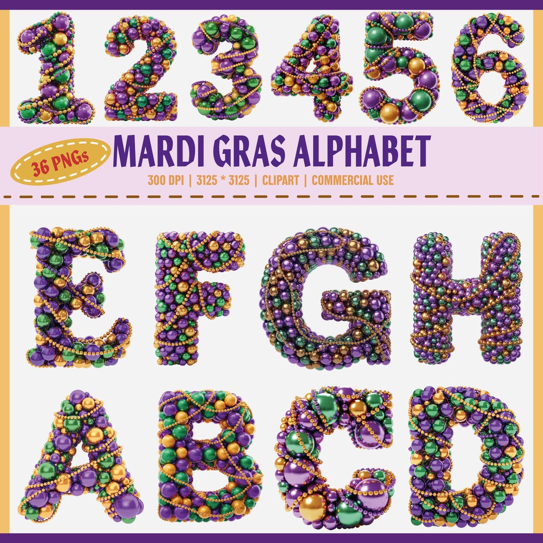 Mardi Gras Alphabet Clipart PNG, Cajun Mardi Gras Png, Beaded Letters A ...