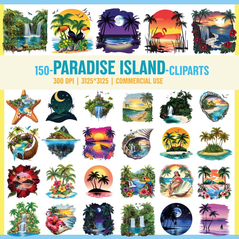 Paradise Island Clipart Bundle, 150 Tropical Paradise Island Beach ...