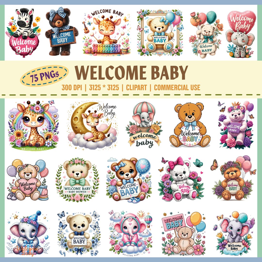 Welcome Baby Clipart Bundle, PNG, Birth Announcement Clipart ...