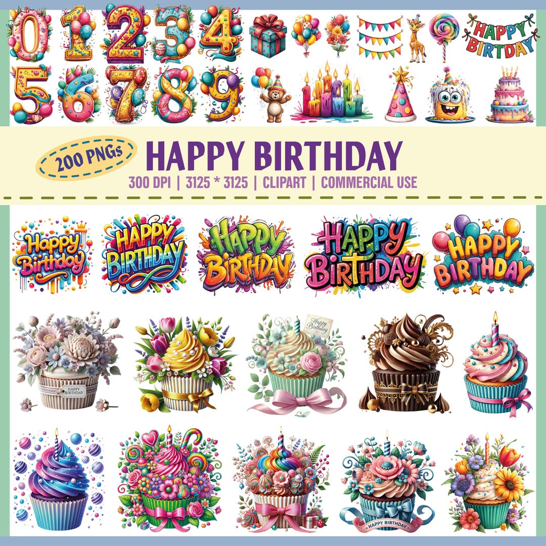Watercolor Happy Birthday Clipart, Birthday Cupcake Clipart, PNG ...