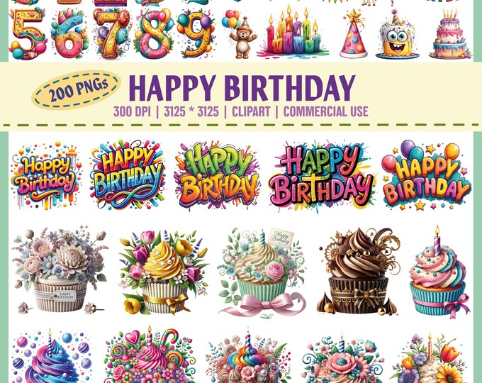 10 Happy Birthday Watercolor Clipart PNG Floral Printable Art for Cards ...