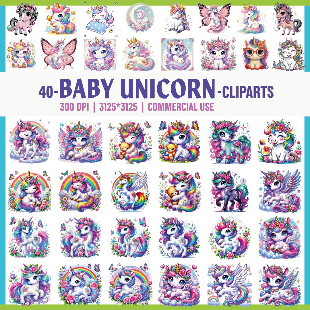 40 Baby Unicorns Clipart Bundle, PNG Magical Unicorn Graphics,cute ...