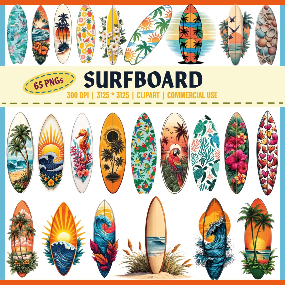 Surfboard Clipart Bundle – 65 Pngs | Tropical Surf Board Illustrations ...