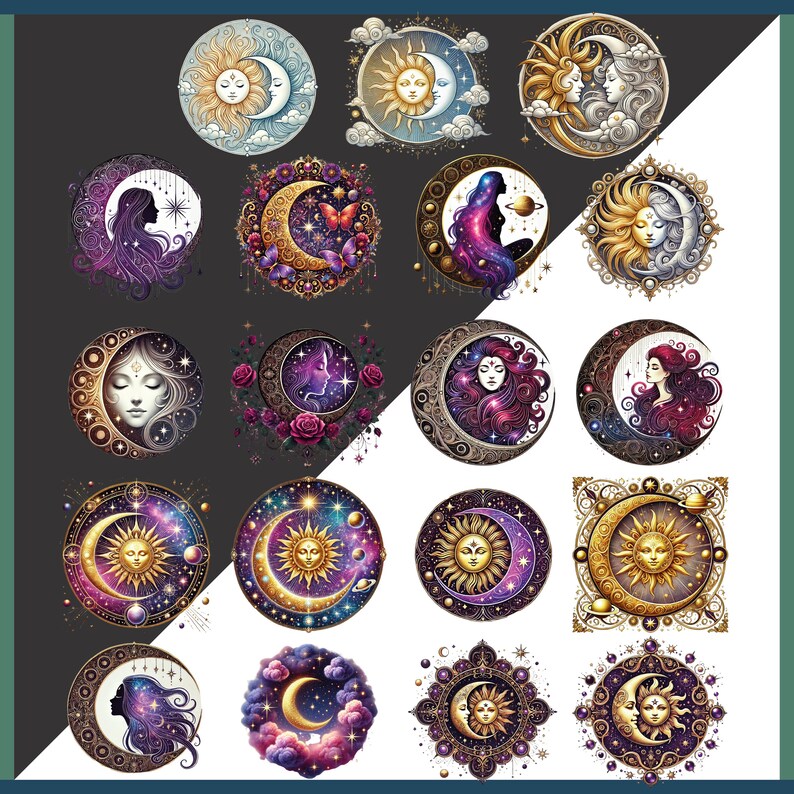 60 Watercolor Mystical Moon Clipart Bundle, Celestial Moon Art, Cosmic ...