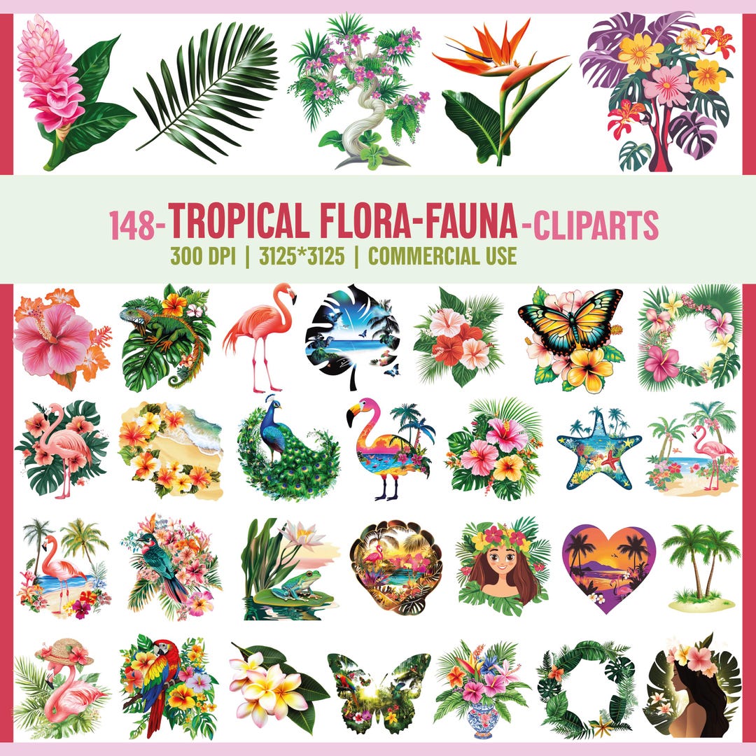 Tropical Flora Fauna Clipart Bundle: Exotic Flowers & Animals (digital ...