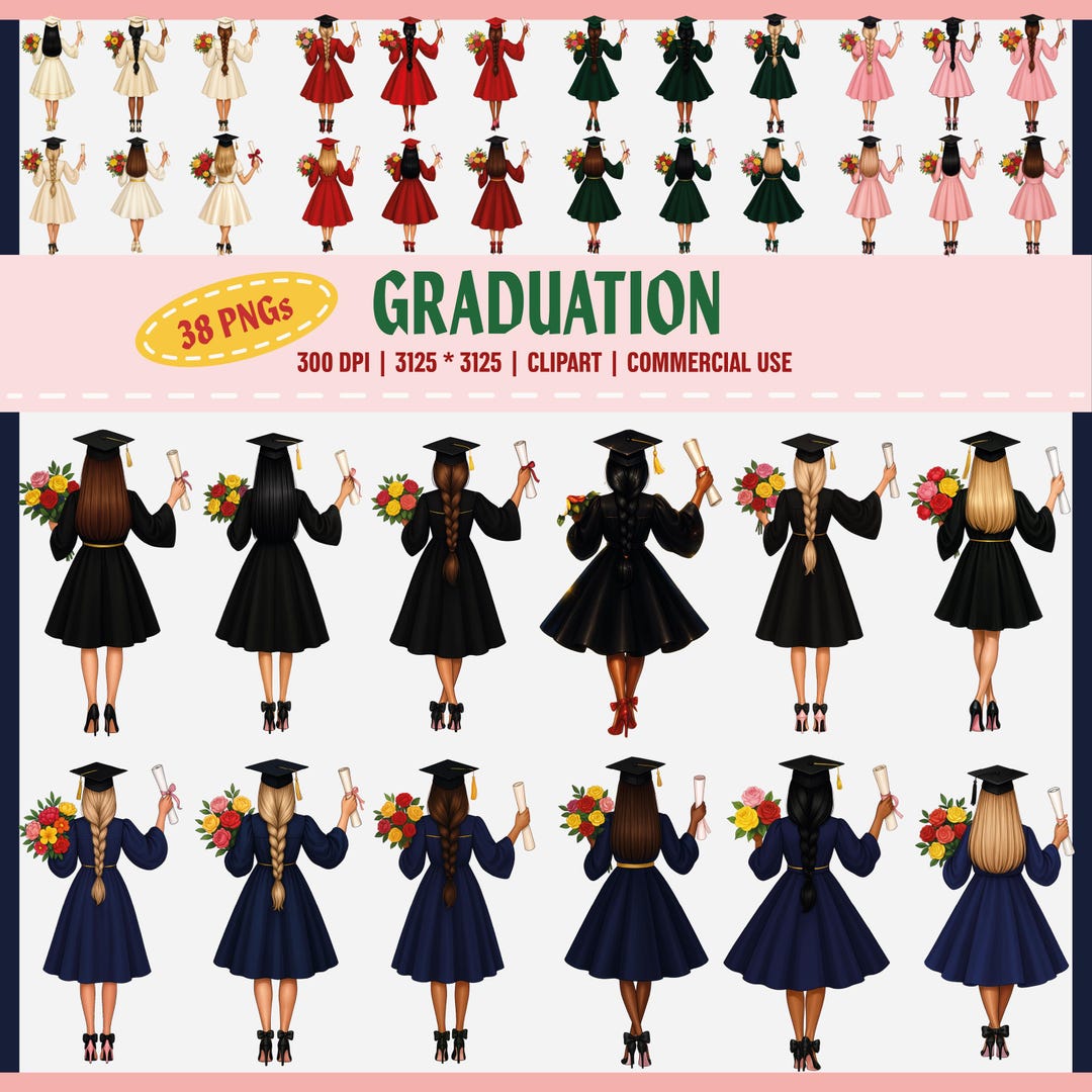 Graduation Girls Clipart, Black Dress Graduate PNG, Navy Blue Gown ...