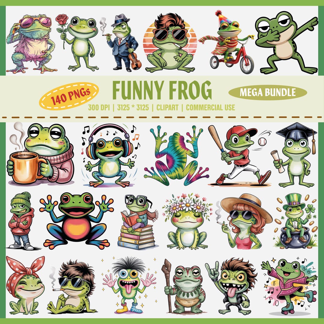 Funny Frog Clipart Bundle, 140 PNG Cute Frogs, Cartoon Animals, Silly ...