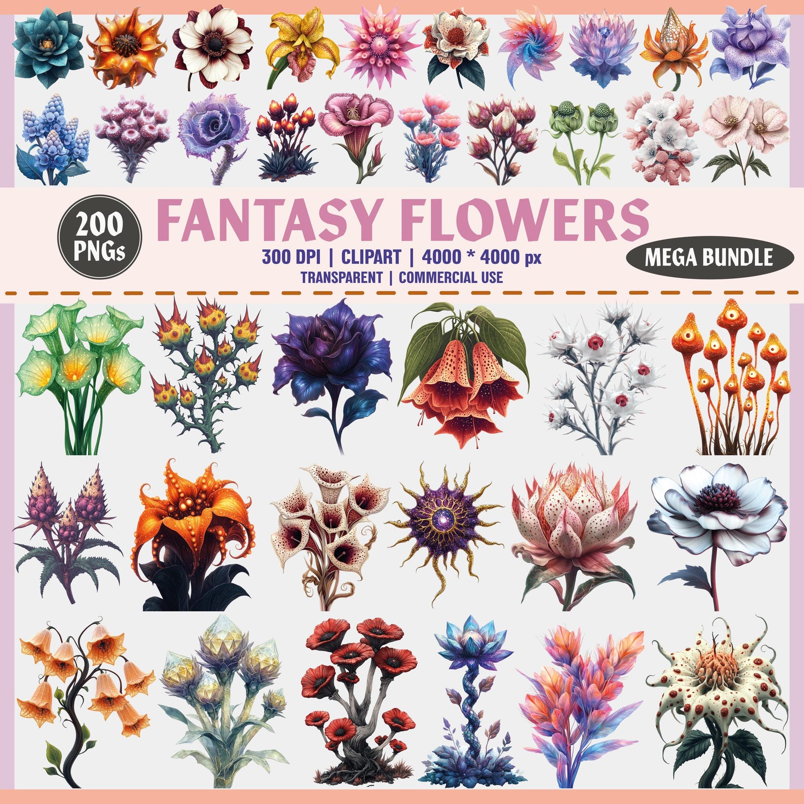 Fantasy Flowers Clipart Mega Bundle | 200 PNG | Fantasy Floral ...