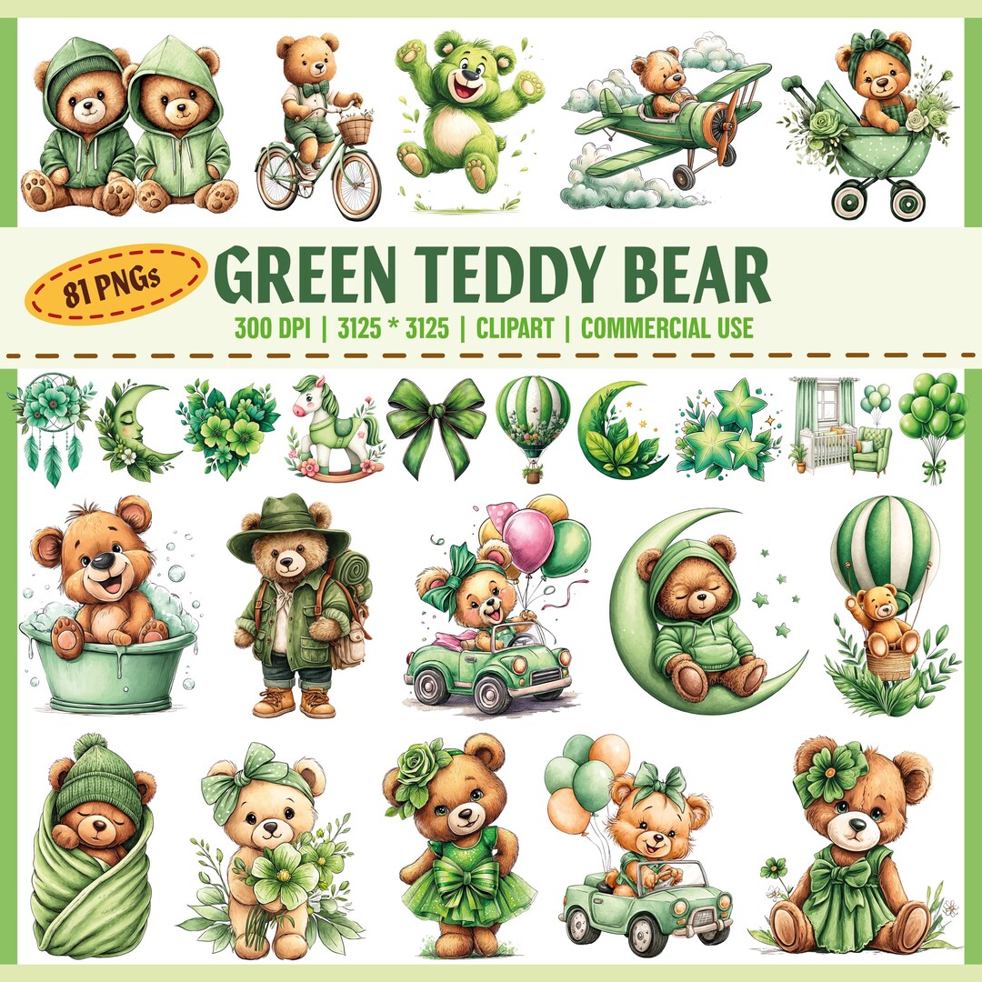 Green Teddy Bear Clipart Bundle, 81 PNG, Watercolor Nursery Clip Art ...