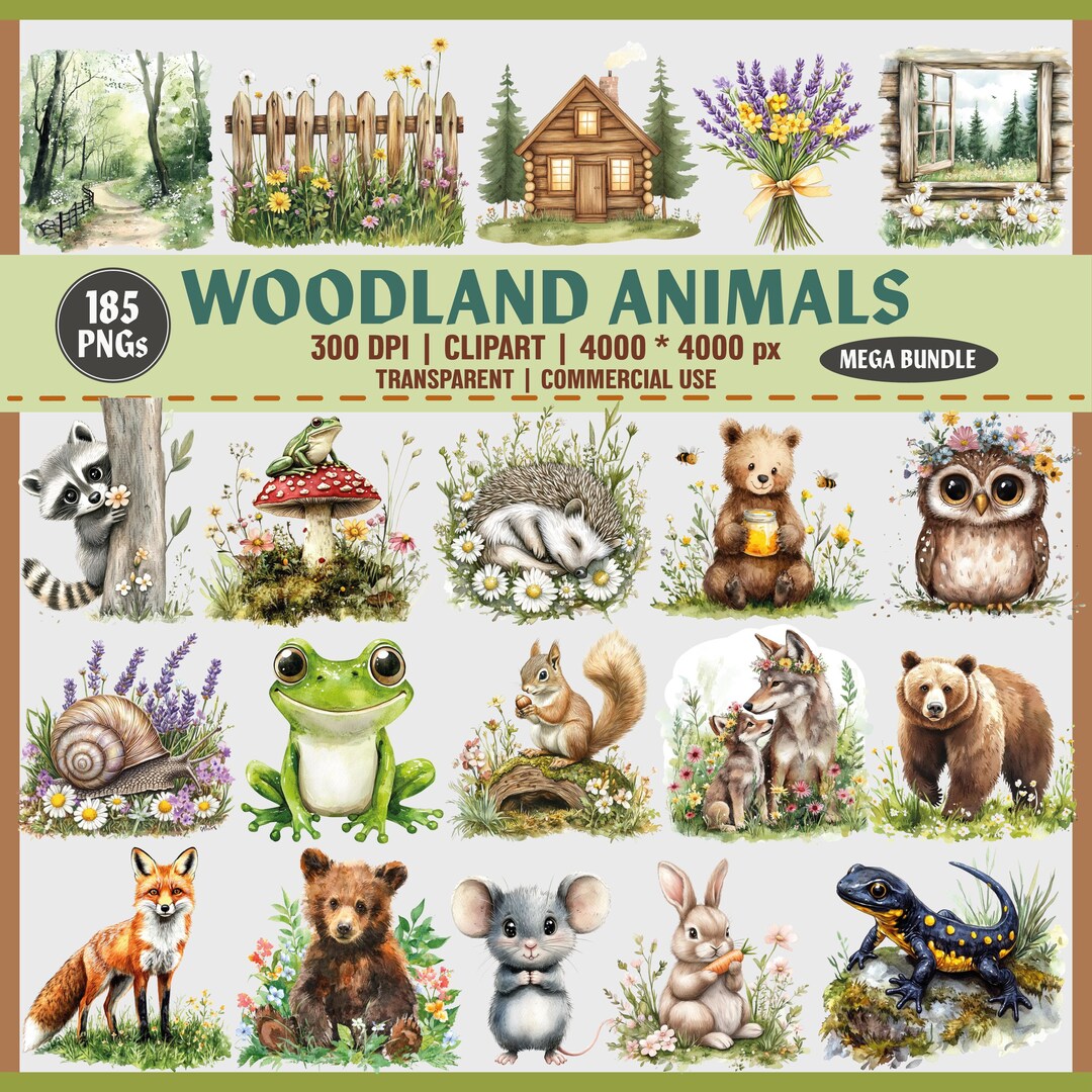 Woodland Animals Clipart Bundle – 185 PNG | Watercolor Spring Forest ...
