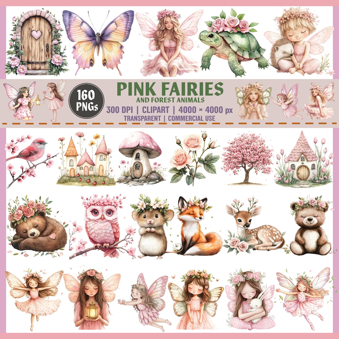 Watercolor Magical Garden Pink Fairies Clipart, Pink Fairies and Forest ...