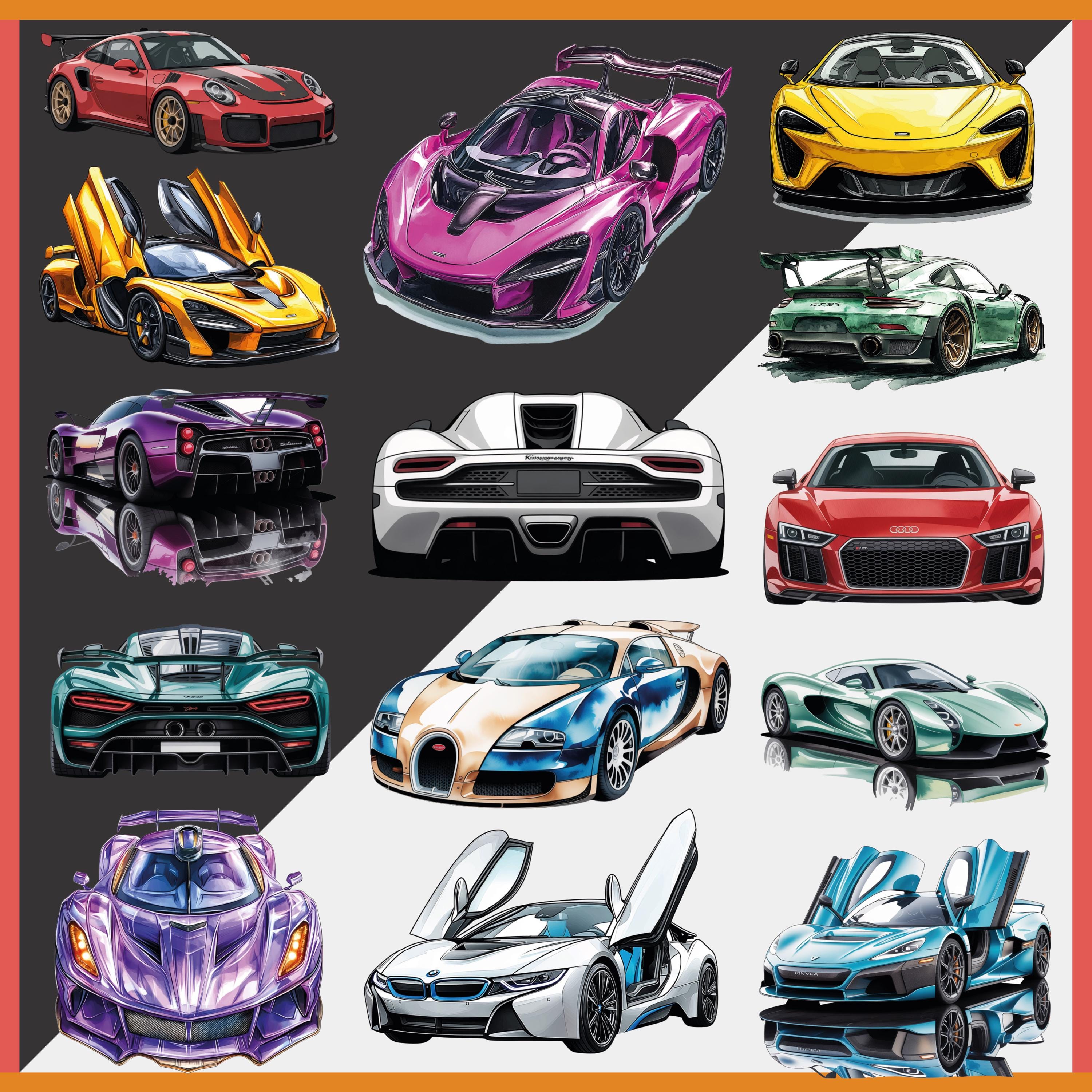 Watercolor Luxury Sports Car Clipart, Supercar PNG Bundle, Exotic Car ...