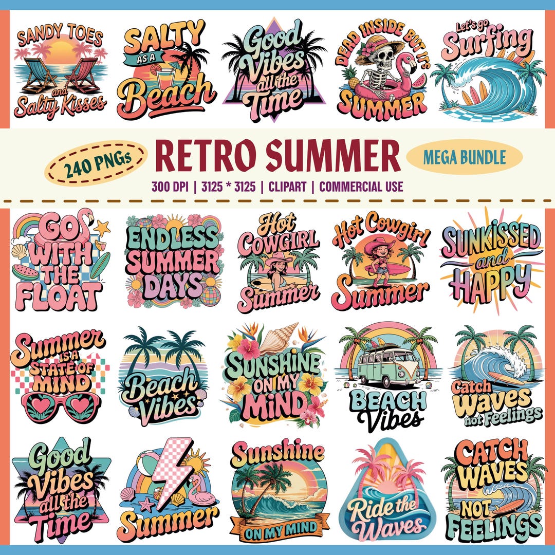 Retro Summer Clipart Bundle: 240 Beach PNG Designs (digital Download ...