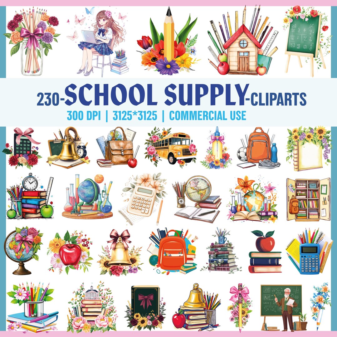 School Supply Clipart Bundle: 230 PNG Graphics (commercial Use) - Etsy