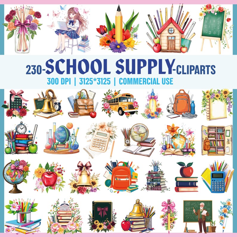 School Supply Clipart Bundle | Back to School PNG | Teacher Clipart ...