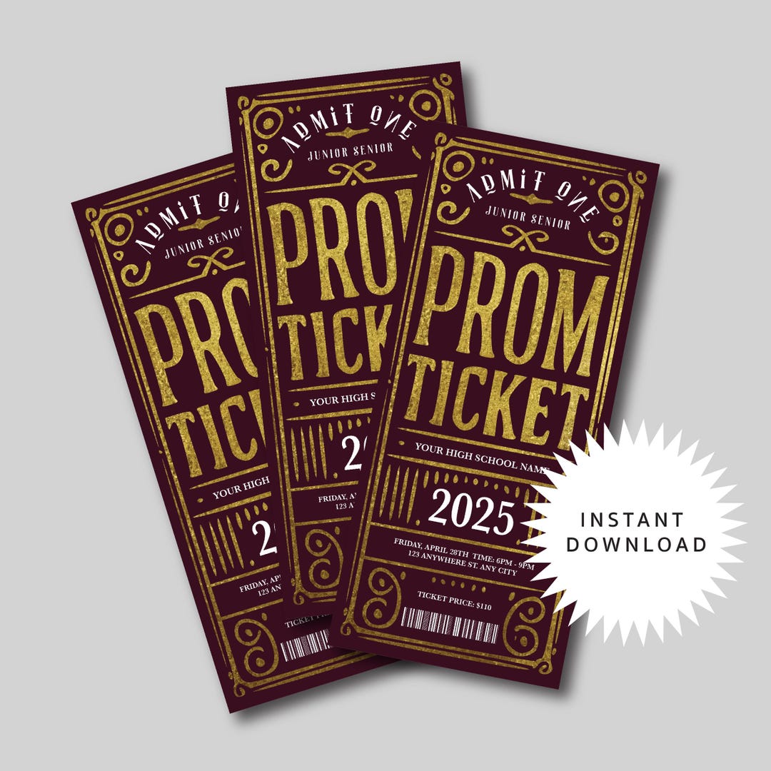 Prom Ticket Template, Burgundy & Gold Prom Night Retro Art Deco Theme ...