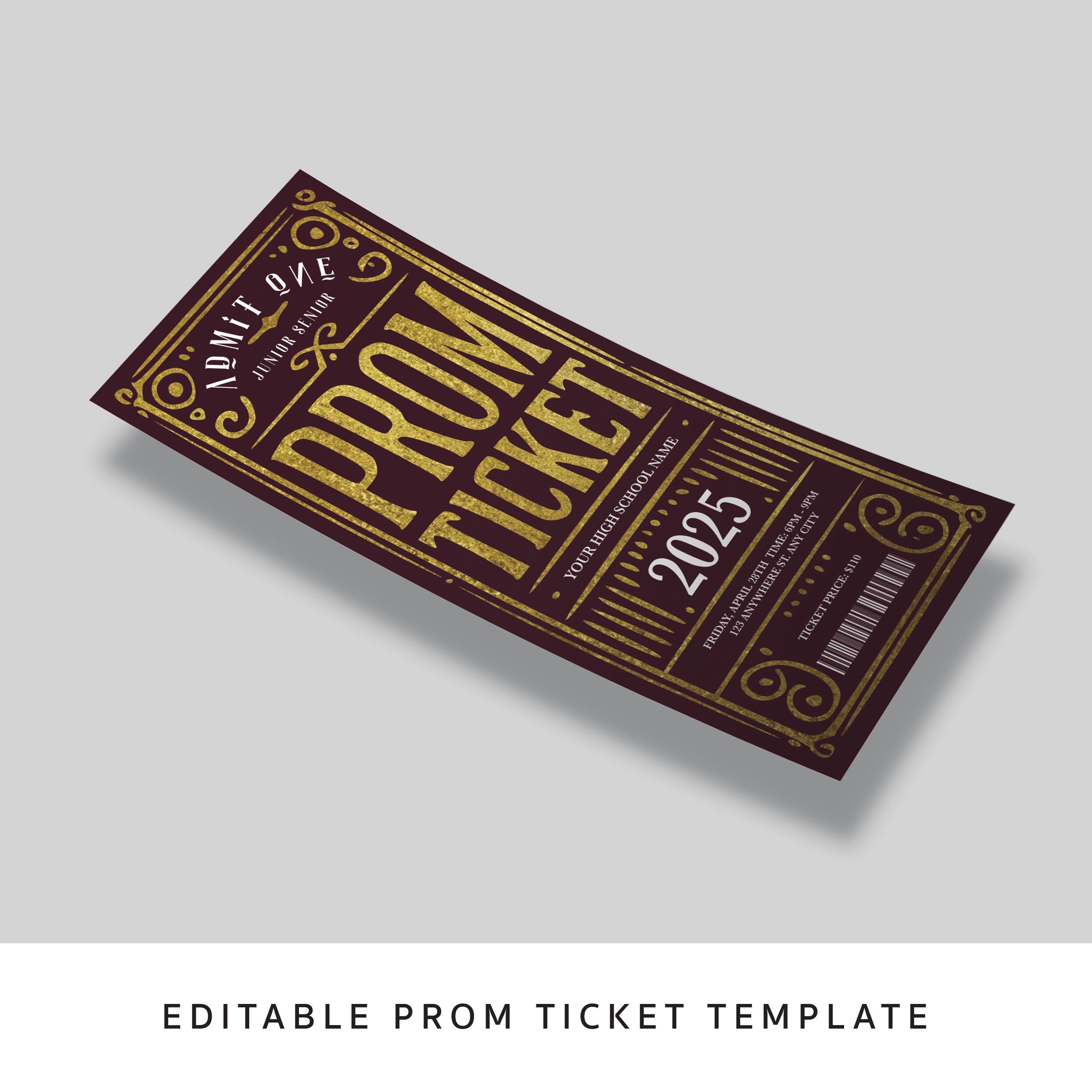 Prom Ticket Template, Burgundy & Gold Prom Night Retro Art Deco Theme ...