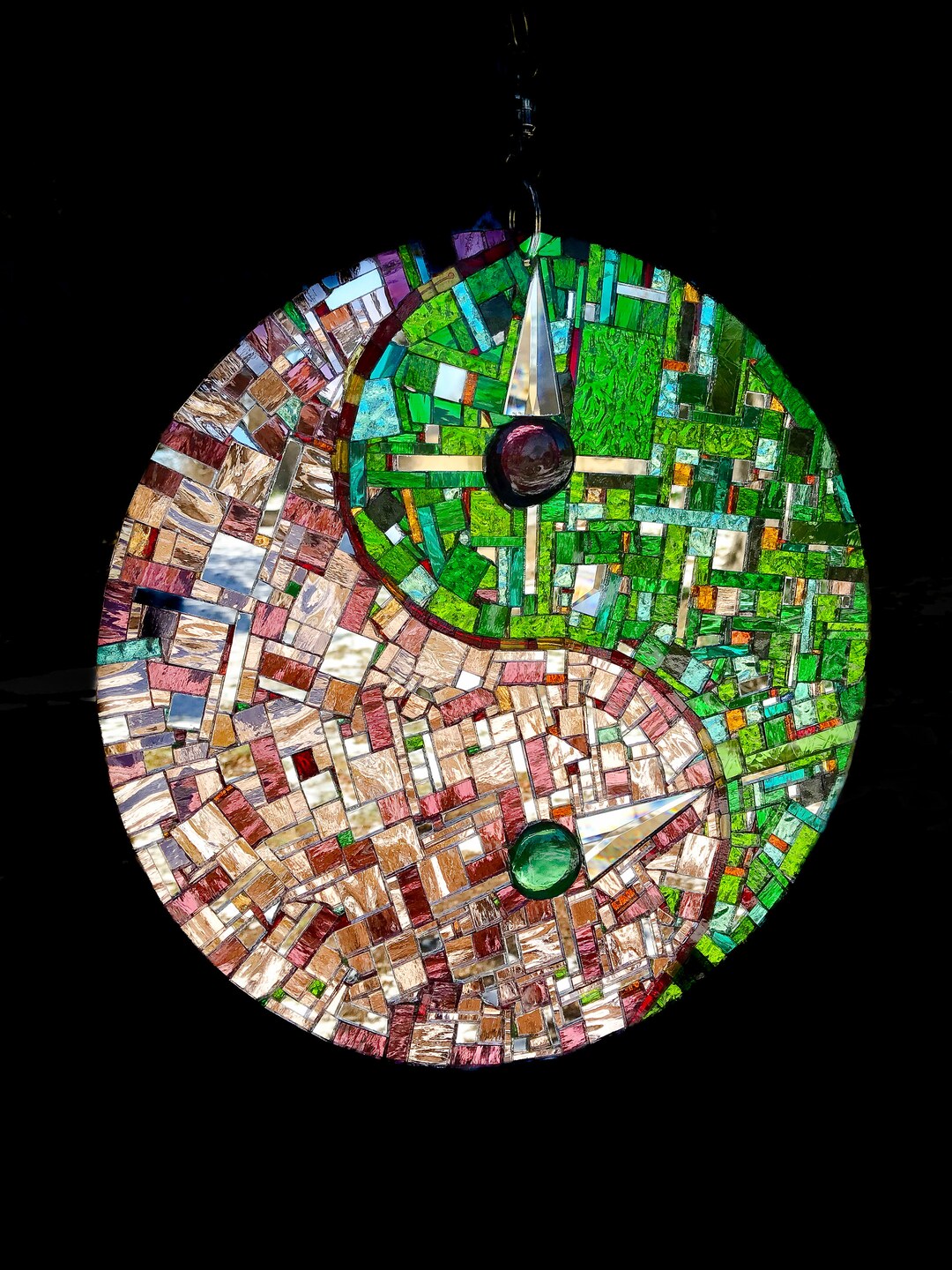 Large 14” Pink and Green Groutless Mirror Mosaic Yinyang. Dazzling Pink ...