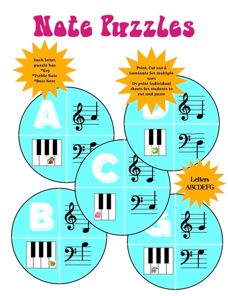 Note Puzzles Music Game Worksheet Piano Activity - Etsy