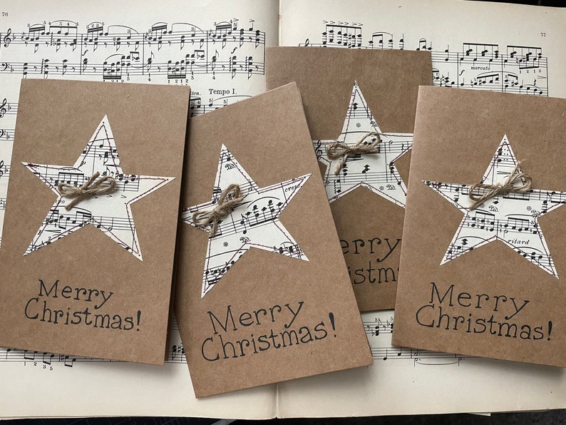 Christmas Card Hand Made Vintage Music Star Design Kraft Card 4x6 Blank ...