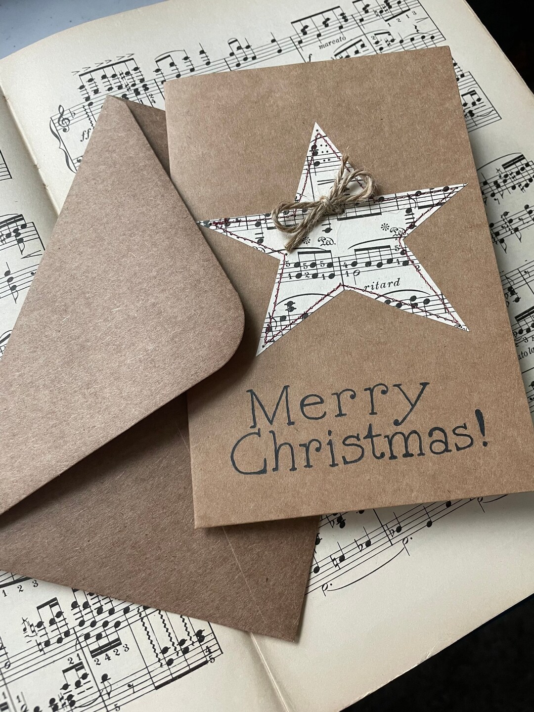 Christmas Card Hand Made Vintage Music Star Design Kraft Card 4x6 Blank ...