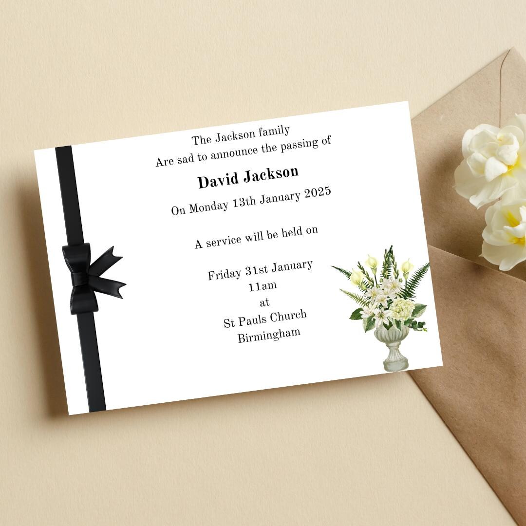 Funeral Invite, Wake Invitation, Personalise, Custom, Announcement ...