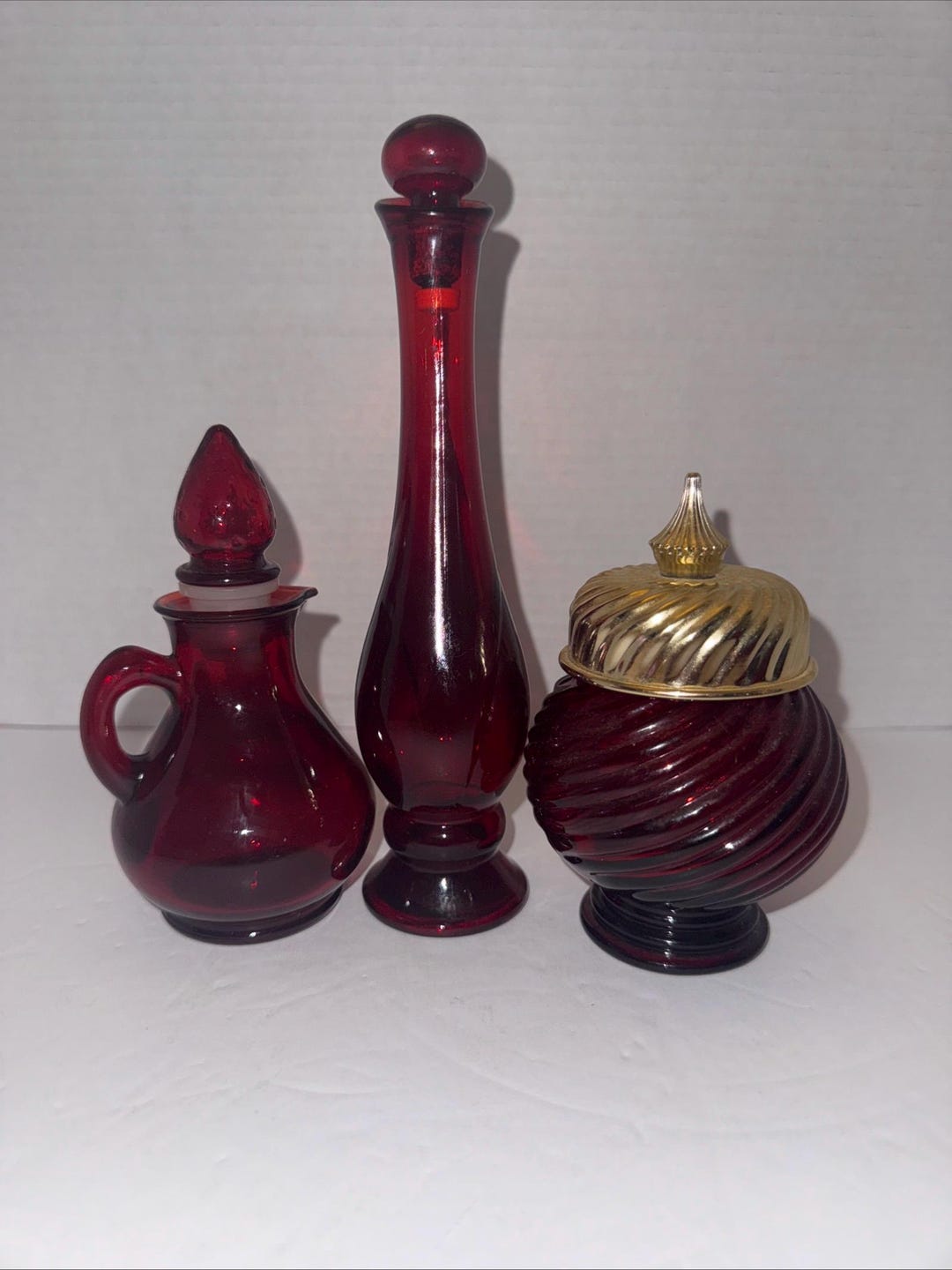 Set of 3 Vintage Avon Ruby Red Glass Vase Decanter and Perfume Rose ...