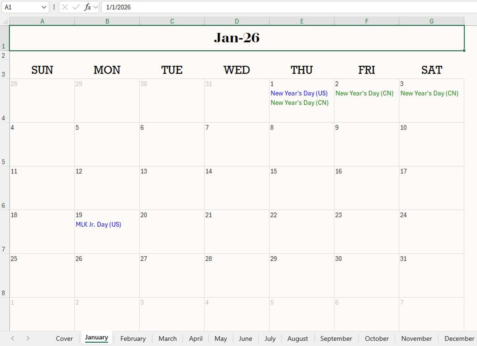 Microsoft Excel (.xls) 2026 Kalender mit den gesetzlichen Feiertagen ...