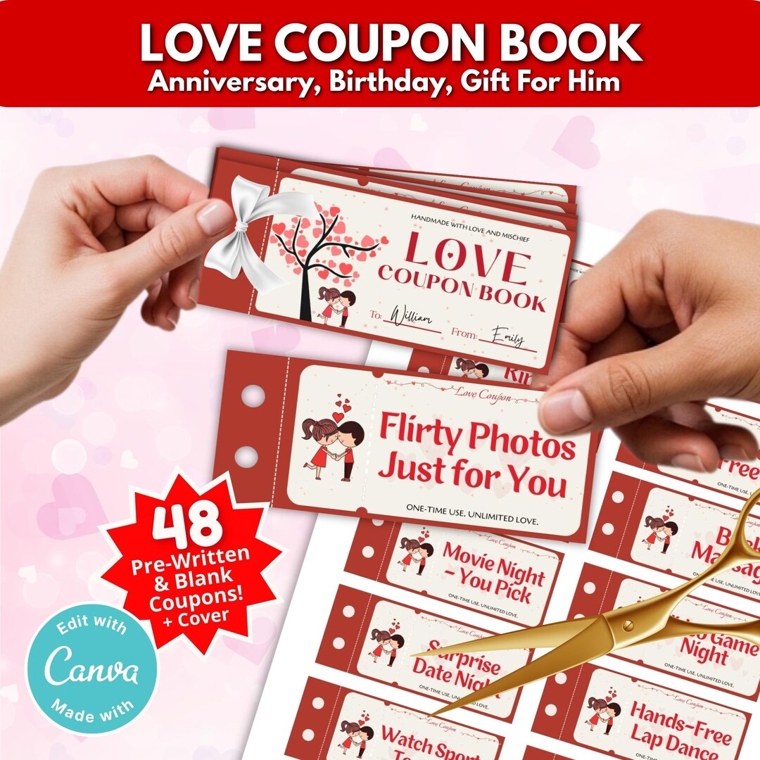 Romantic Love Coupon Book: 48 Flirty Vouchers, Customizable Canva ...