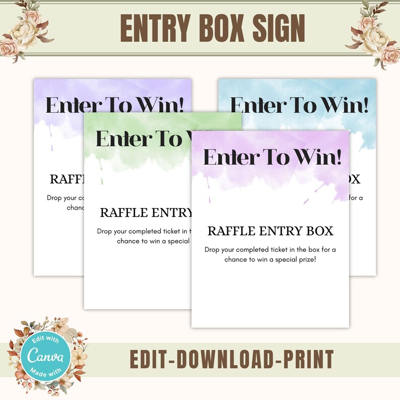 Editable Raffle Entry Sign Set of 4 | Enter to Win Printable Signs ...