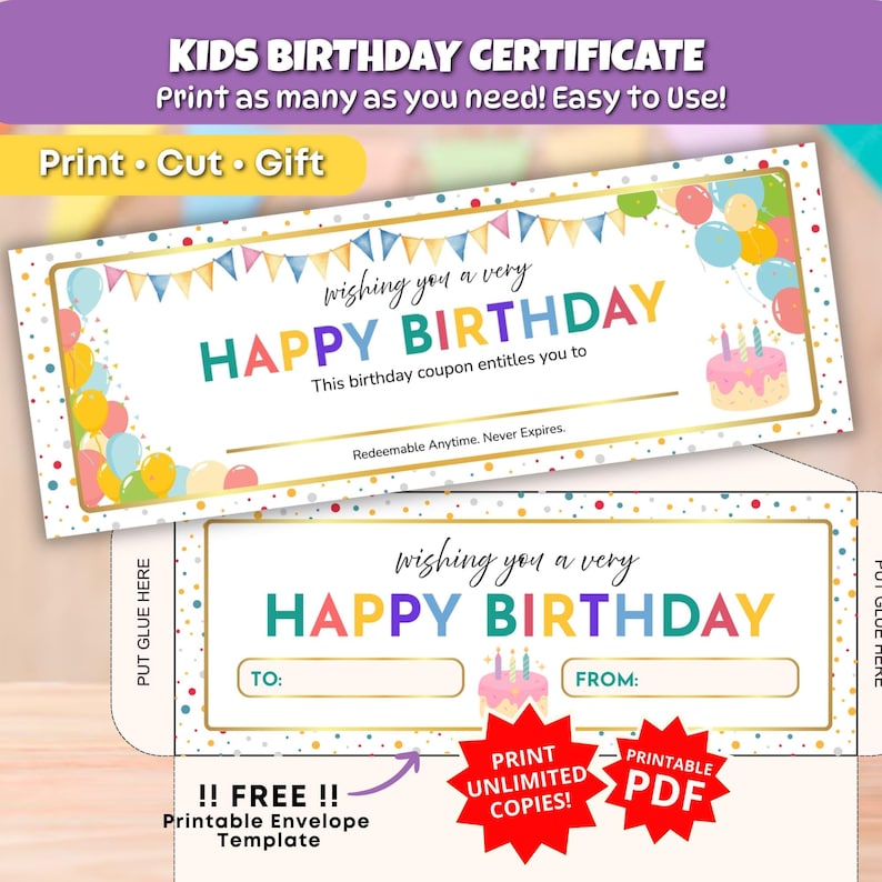 Printable Birthday Coupon Book for Kids & Teens (PDF Download, Envelope ...