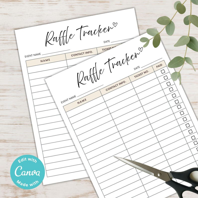 Minimalist Raffle Tracker Printable | Customizable Ticket Tracker ...