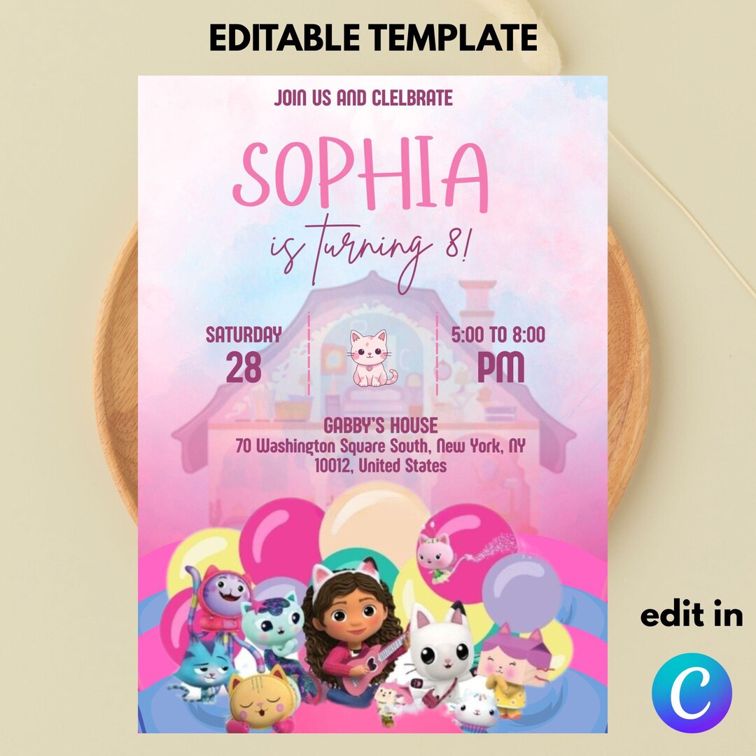 Editable Gabby's Dollhouse Birthday Invitation Template (5x7 Digital ...