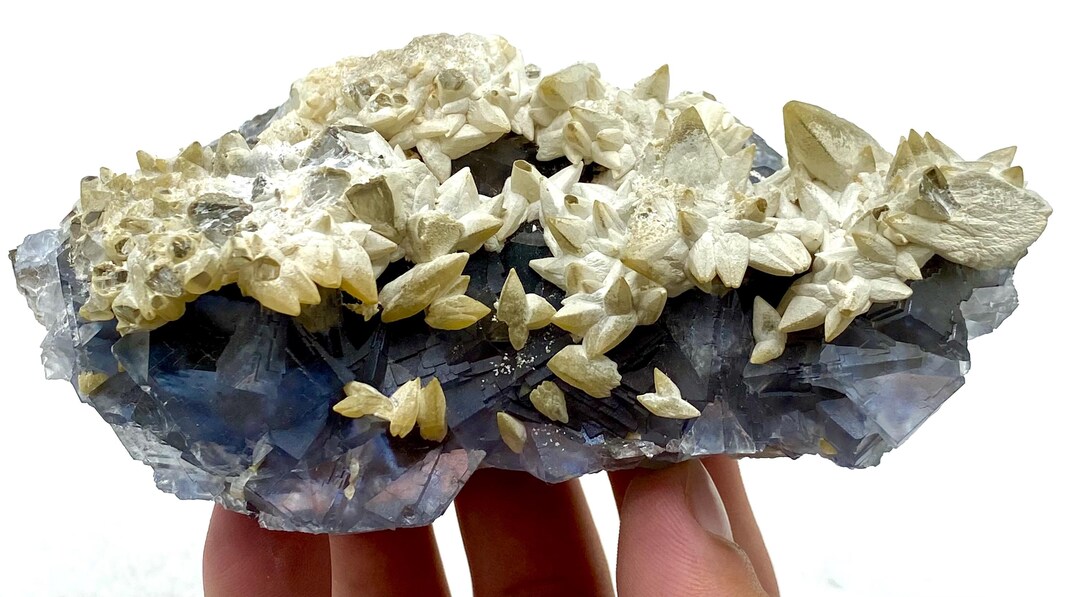 627 Gram Unique Natural Cubic Blue Fluorite With Calcite Crystal From ...
